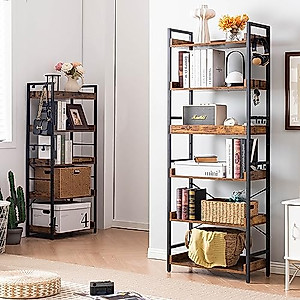 HCHQHS Bookshelf Adjustable 6 Tier Open Bookcase,Rustic Farmhouse Book Shelves, Industrial Wood and Black Metal Bookshelves,Mid Century Bookcase for Home Office Living Room Bedroom (Rustic, 6 Tier)