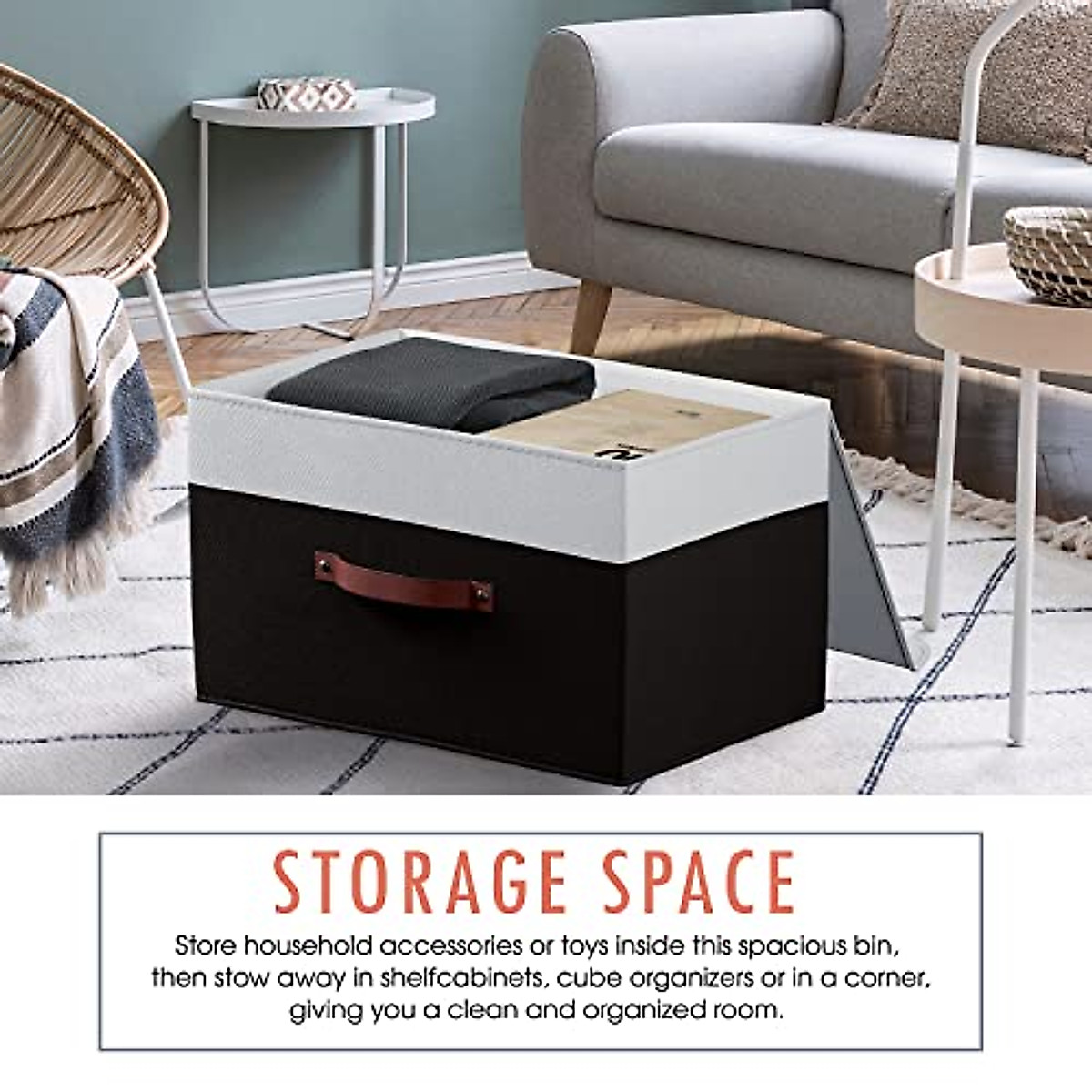 Ornavo Home 3 Pack Collapsible Storage Bins with Lid, Foldable Linen Fabric Shelf Storage Basket Closet Organizer and Large Storage Box for Clothes with Leather Handles, 15 x 10 x 9, White/Black