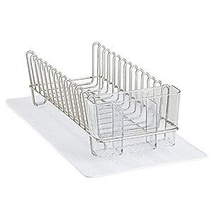 mDesign Steel Sink Dish Drying Rack/Dish Drainer Storage Organizer w/Wire Drainer, Drying Mat for Kitchen Counter, Easy Drain/Dry Dishes, Plate, Utensil - Concerto Collection, Set of 2 - Satin/White