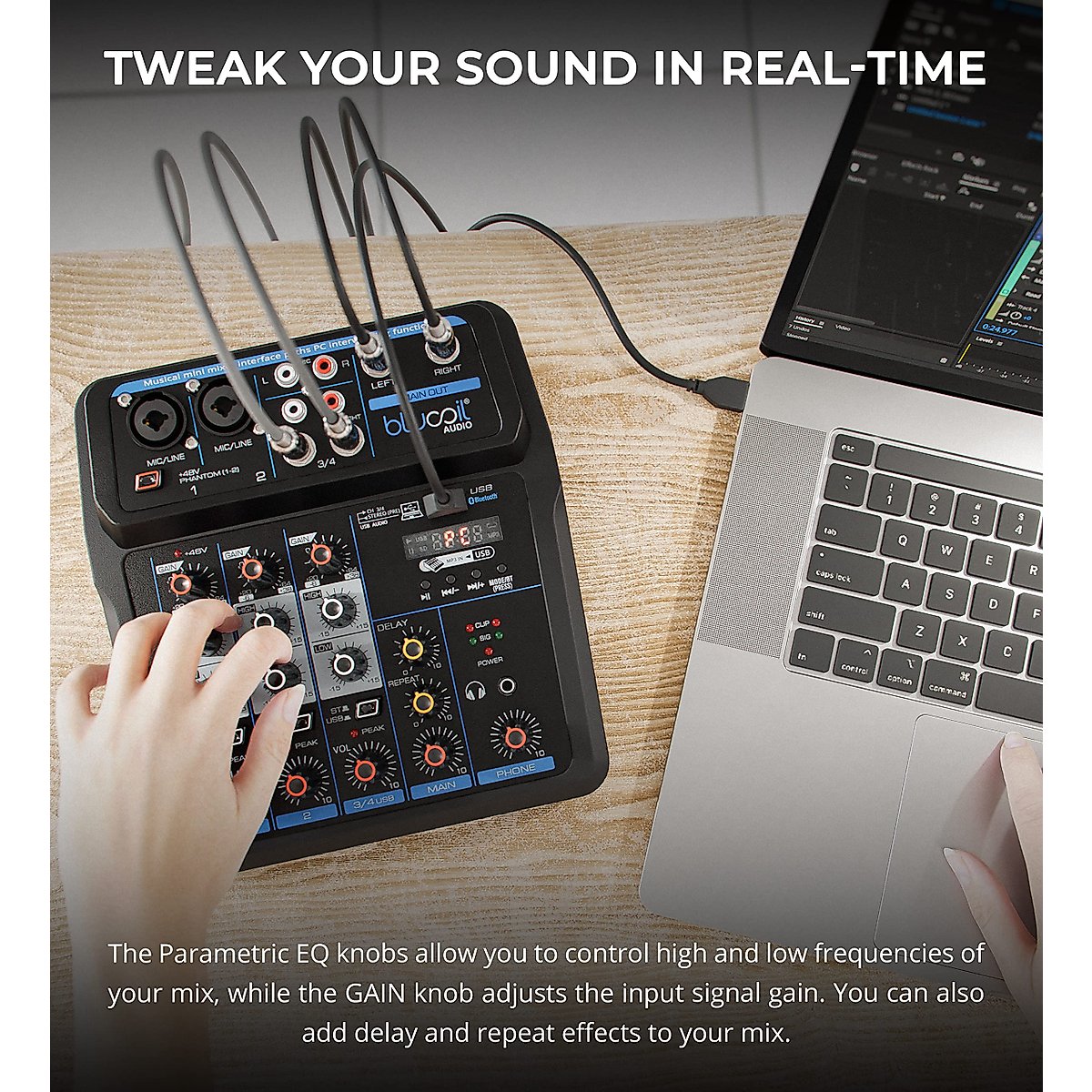 Blucoil 4-Channel Audio Mixer with 48V Phantom Power, 2-Band EQ, Delay and Repeat Effects, Bluetooth, XLR Microphone and MP3 USB Inputs for Home Studio Recording on Windows and Mac