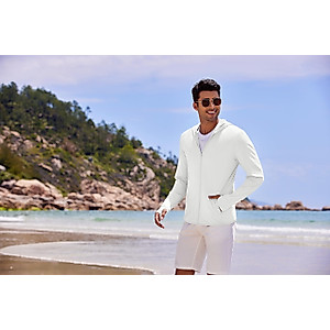 COOFANDY Mens UPF 50+ Cooling Hooded Jacket Long Sleeve Zip Up Shirts Fishing Shirts with Pockets White