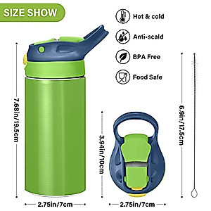 MCHIVER Christmas Gingerbread Men Kids Water Bottle with Straw Insulated Stainless Steel Kids Water Bottle Thermos for School Girls Boys Leak Proof Cups 12 oz / 350 ml Green Top