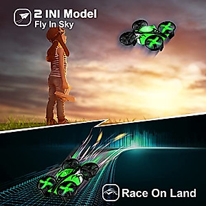 UNTEI 2 In 1 Mini Drone for Kids Remote Control Drone with Land Mode or Fly Mode, LED Lights,Auto Hovering, 3D Flip,Headless Mode and 3 Batteries,Toys Gifts for Boys Girls (Green)
