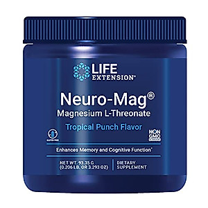 Life Extension Neuro-Mag Magnesium L-Threonate Powder (Tropical Punch) - Ultra-Absorbable Magnesium - Supports Memory, Focus, Cognitive Function & Mood - Gluten free, Non-GMO, Vegetarian (30 Servings)