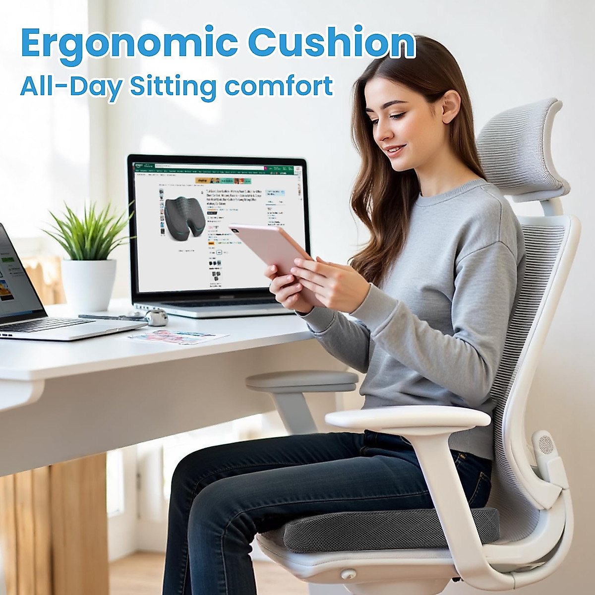 TushGuard Seat Cushion, Office Chair Cushions, Car Seat Cushion, Non-Slip Sciatica & Back Coccyx Tailbone Pain Relief Chair Pad, Memory Foam Butt Pillow for Computer Desk, Wheelchair, Driving (Grey)