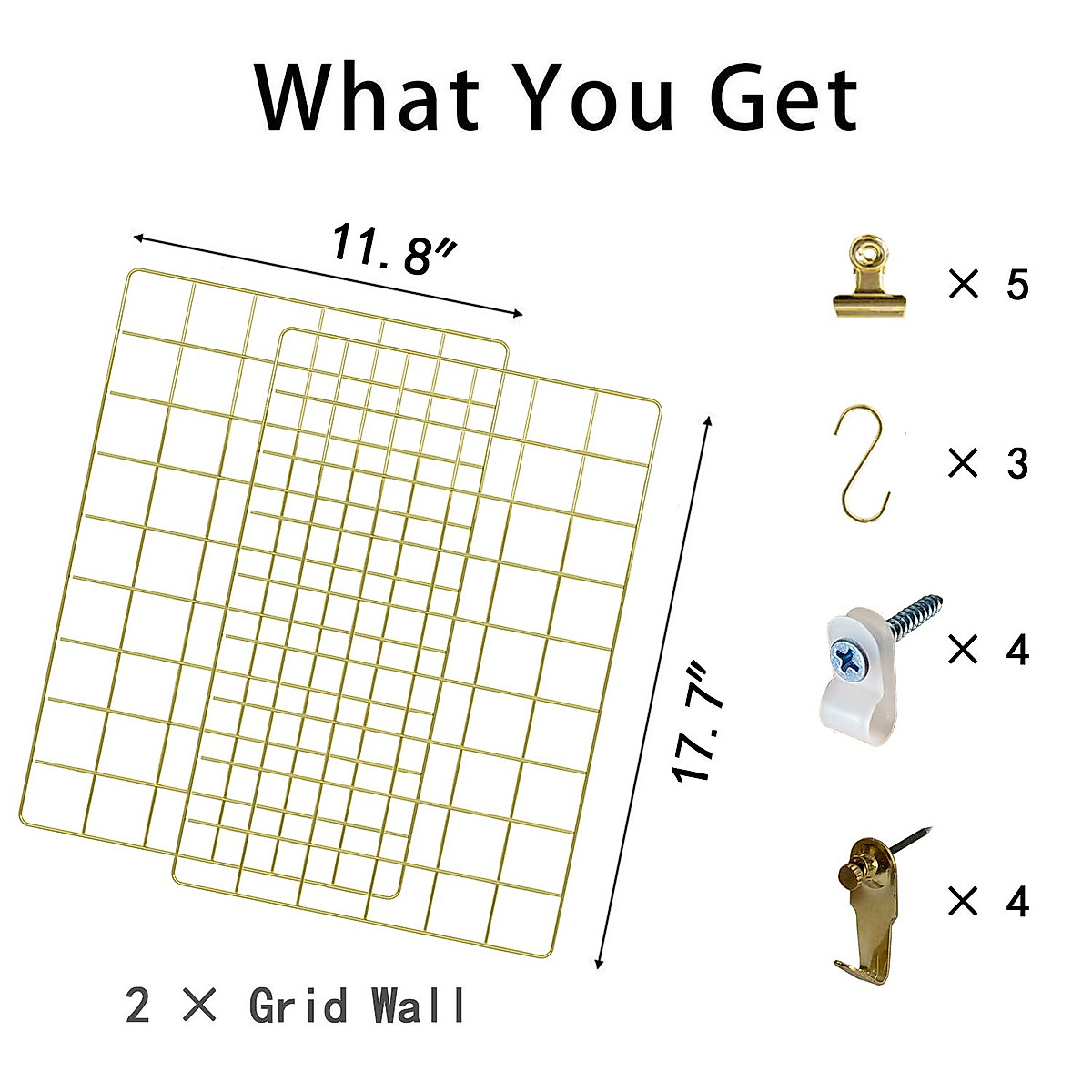 FRIADE Wall Grid Panel for Photo Display,Wall Storage Organizer,5 Metal Clips & 3 S Hooks & 4 Nails & 4 Plastic Hanging Buckles and 4 Screws Offered,Size 17.5" x 11.8",2 Pack(Gold)