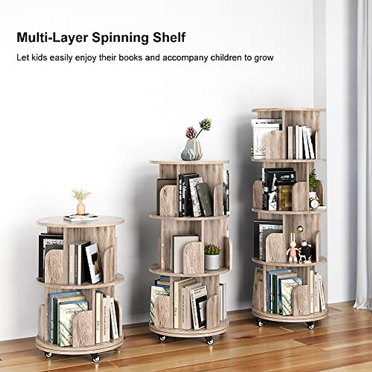 Nidouillet Rotating Bookshelf, 4 Tier Revolving Bookcase with Brake Wheels 360° Display Round Bookshelf Narrow Swivel Corner Book Shelf Standing Bookcase Adult Bedroom, Living Room - Oak Grey