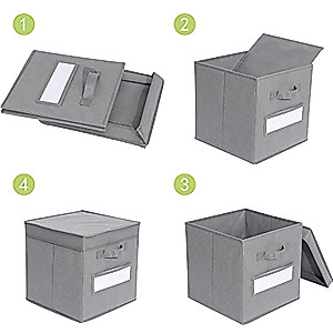 Collapsible Storage Containers Cubes 3pcs Fabric Cube Storage Bins with Lids for Organizing Shelves Home Bedroom Closet Office,Storage Boxes Baskets Organizer with Label & Pen,Large (Beige)