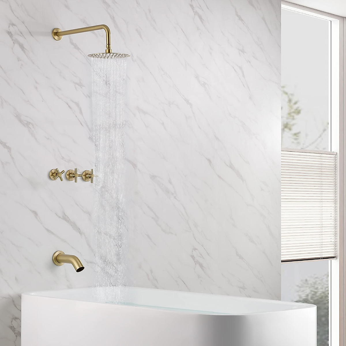 SUMERAIN 3 Handle Tub Shower Faucet Set with Waterfall Tub Spout and 3-Cross Handles, Wall Mounted Rainfall Bathtub Shower Faucet Brushed Gold