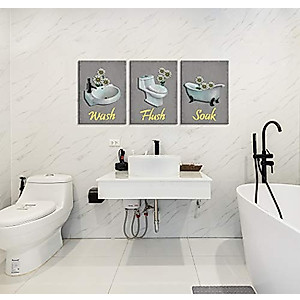 Zlove 3 Pieces Bathroom Canvas Wall Art Wash Flush Soak Bath Tub Toilet Sink with Daisy Flower Picture Print Decoration Stretched and Framed Ready To Hang 12x16inchx3pcs