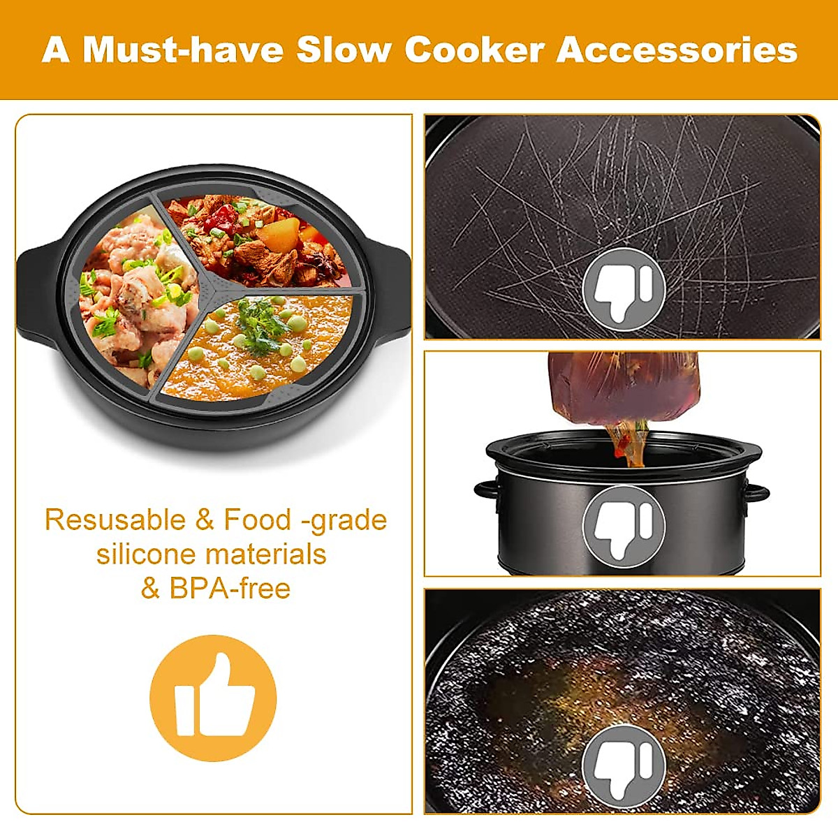 Silicone Slow Cooker Liners Fit for Crockpot 6 Quart, 3 In 1 Reusable Crock Pot Liners Divider Insert Portable Handle/BPA Free/Leakproof/Used to Replace Leak-prone Disposable Liners