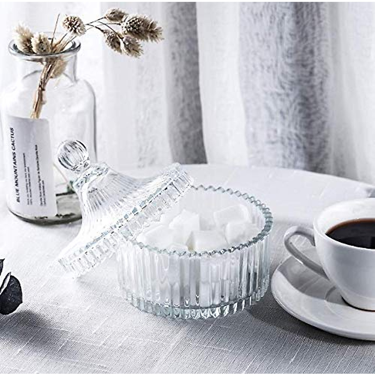 1PCS 300ml/10oz Tent Shaped Crystal Glass Candy Dish with Lid Candy Box Sugar Bowl Jar Biscuit Barrel Candy Buffet Storage Container for Home Office Desk Decor