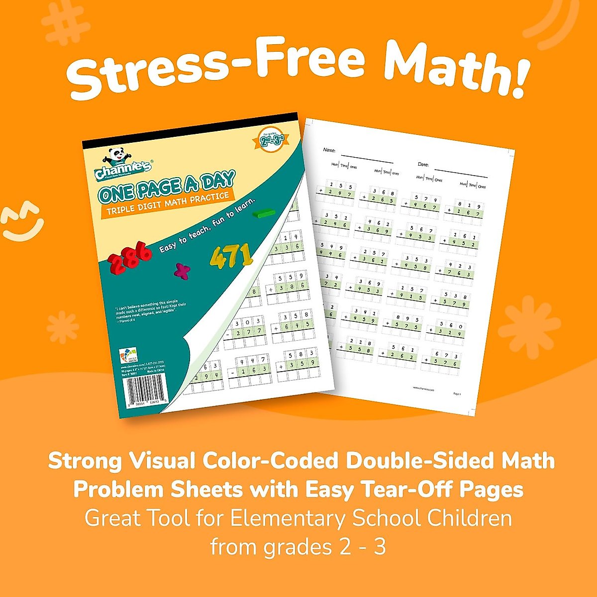 Channie's One Page A Day Math Workbook, Triple Digit Math Practice Worksheets, 50 Pages Front and Back, 25 Sheets, Grades 2nd and 3rd, Addition and Subtraction workbook , Size 8.5” x 11”