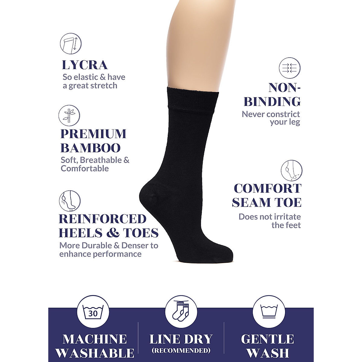 Hugh Ugoli Womens Bamboo Dress Socks, Crew Soft Thin Calf Socks for Business, Trouser & Casual, Black, 3 Pairs, Shoe Size: 9-12