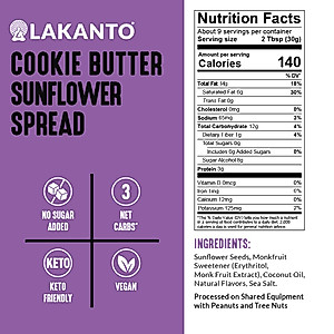 Lakanto Sugar Free Cookie Butter Sunflower Spread - Sweetened with Monk Fruit Sweetener, Keto Diet Friendly, 3 Net Carbs, Vegan, Non GMO, Sandwiches, Toast, Smoothies, Cereal, Oatmeal, More - 10 oz