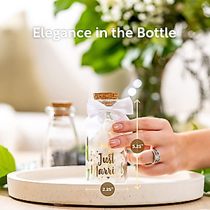 Ethisa Just Married Wedding Reception Bottles - 25 Pack Bulk Gold Glass Bottles for Favors - Wedding Party Souvenirs with White Ribbons and Thank You Stickers for Guests