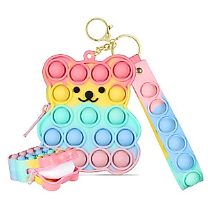 JoySolar Coin Purse Change Coins Fidget for Girls Kids Teen Women Pouches Mini Bubble Small Purses Monedero Fidgets Zipper Pouch Simple Dimple Lanyard Silicone Cute Kawaii Funny Fun (Color Bear)