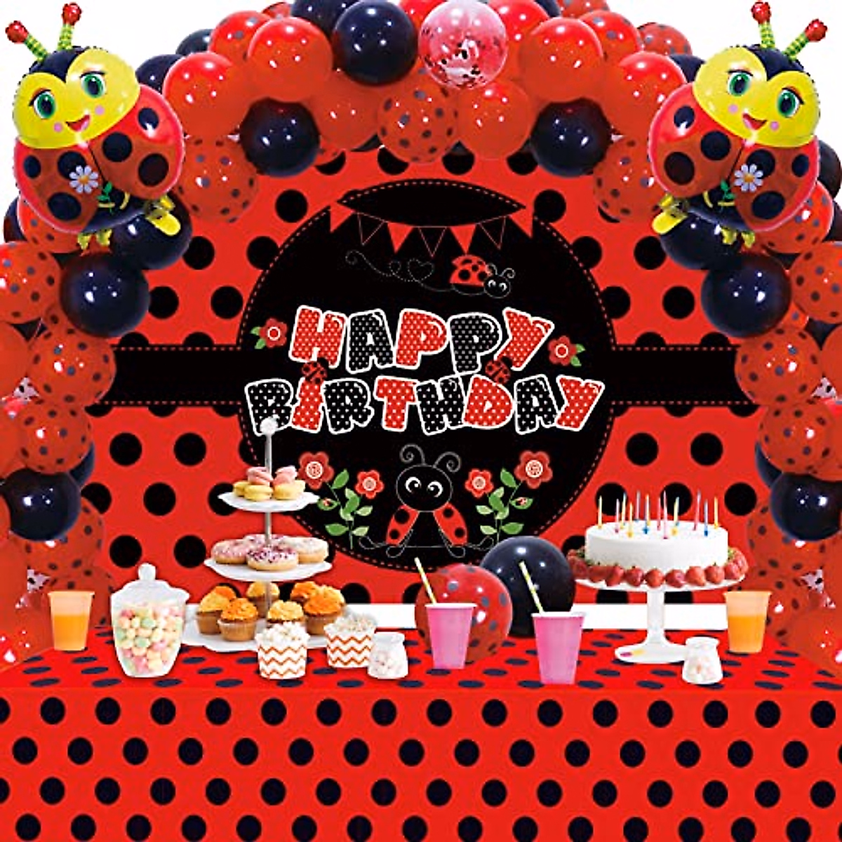 Vlipoeasn 69 Pcs Ladybug Theme Suit Birthday Party Decor Red Black Polka Dots Balloons Garland Arch Ladybug Balloons Tablecloth Banner Birthday Party Supplies Decorations