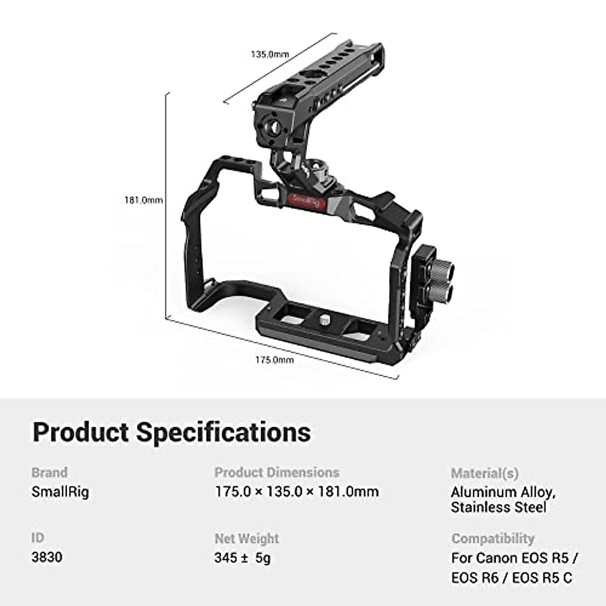SmallRig R5/R6/R5 C Cage Kit for Canon R5/R6/R5 C, Camera Handheld Kit with Top Handle and Cable Clamp - 3830