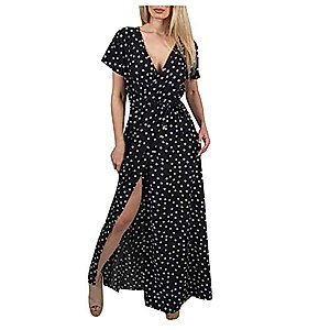 XIMIN Women's Fashion Casual Short Sleeve V-Neck Low Cut Printed Polka Dot Dress Beach Maxi Dress (Black, Size:XXXXXL)