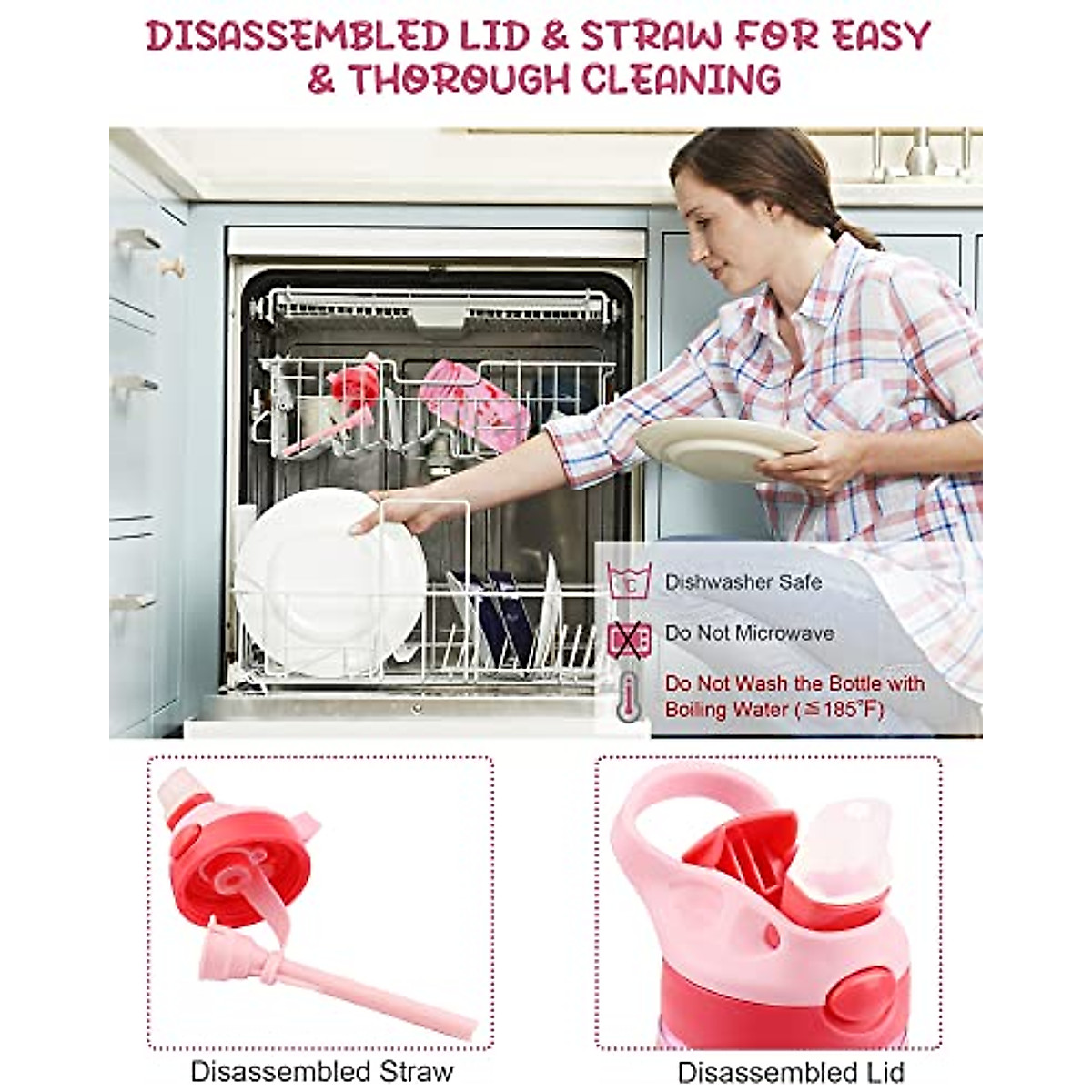 A+ Choice Kids Water Bottle with Straw & Handle - 16 oz BPA Free Kids Water Bottles, Spill Proof, Easy-Clean, Dishwasher Safe - Cute Rabbit Pink