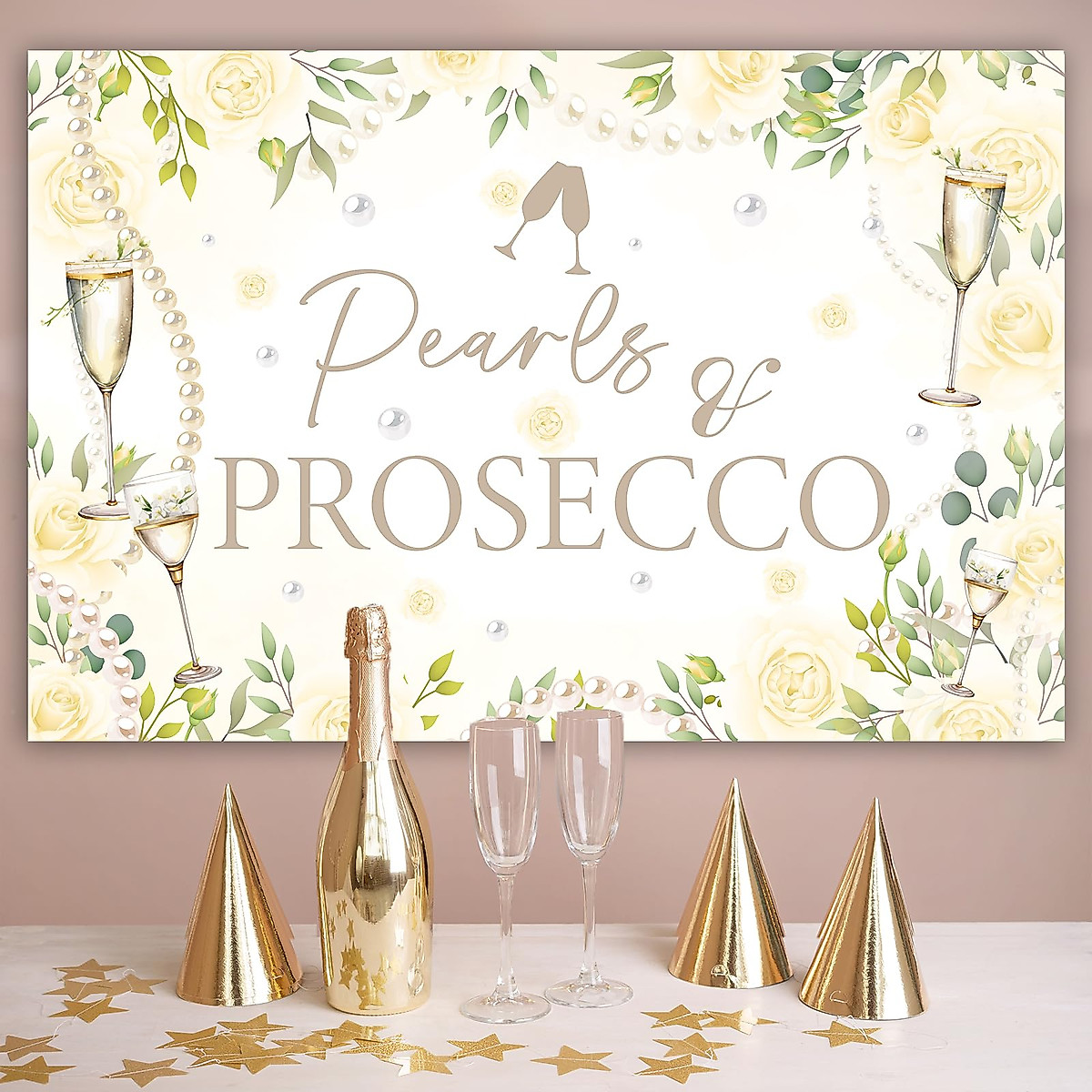 Balterever Pearls and Prosecco Bridal Shower Backdrop Decorations 3 * 5 ft Floral Champagne Bachelorette Party Banner Decorations for Women Bachelorette Wedding Engagement Party
