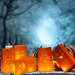 Mimorou 140 Pcs Halloween Pumpkin Bags Luminary Bags Cute Paper Lantern Candle Bags Flame Resistant Halloween Party Decoration, 7 Styles