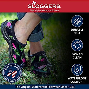 Sloggers Original Waterproof Rain and Garden Shoe for Women– Outdoor Slip-On Garden Clog - Made in The USA with Premium Comfort Insole and Arch Support - Flower Power, Size 7