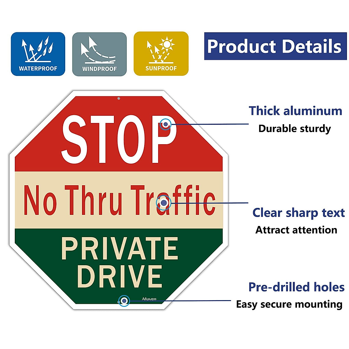 Stop No Thru Traffic Private Drive Sign 12" x 12" Private Driveway Sign Metal Reflective No Thru Traffic Sign Rust Free Aluminum Stop Sign UV Protected Waterproof Outdoor Use 2 Pack