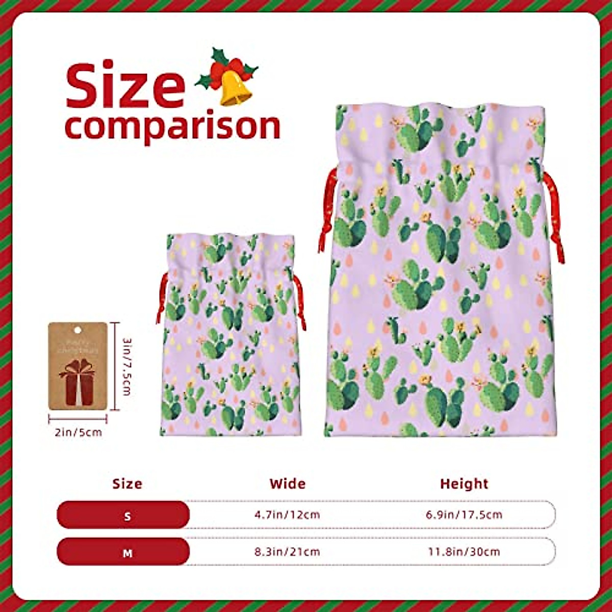 Drawstrings Christmas Gift Bags Cute-Cactus-Pink Presents Wrapping Bags Xmas Gift Wrapping Sacks Pouches Medium
