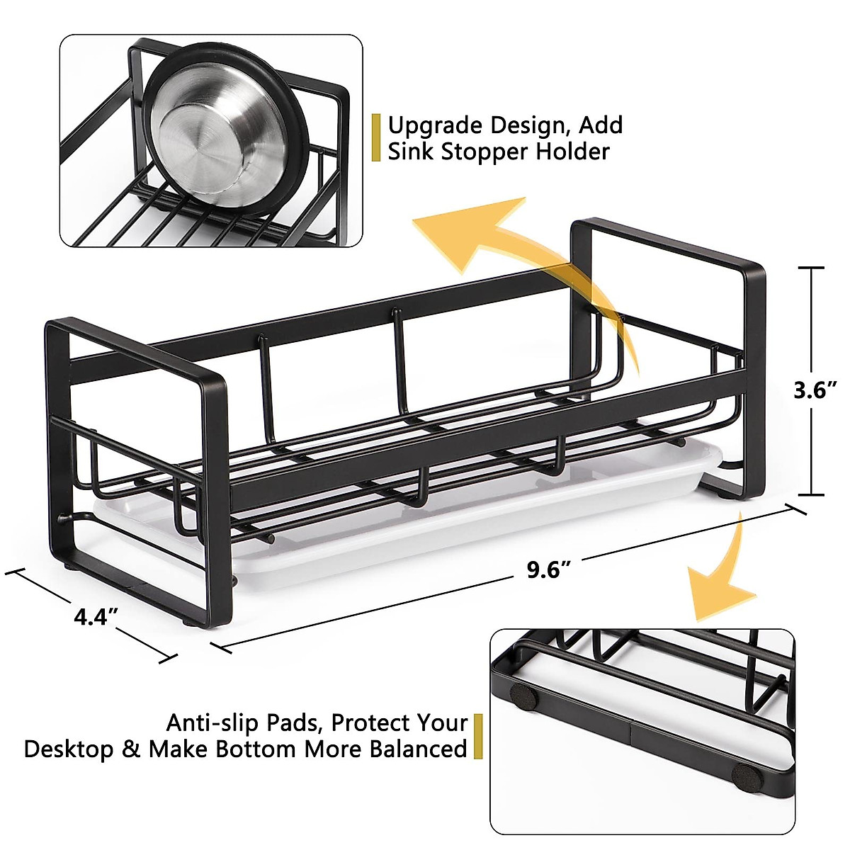 FANGSUN Large Sponge Holder for Kitchen Sink, 304 Stainless Steel Sink Caddy Organizer with Removable Drip Tray, Kitchen Countertop Dish Soap Holder, Not Include Soap Dispenser, Black