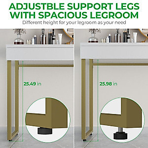 GreenForest Vanity Desk with 2 Drawers,39 inch White Desk with Glossy Desktop Easy Clean,Makeup Dressing Table with Metal Gold Legs for Home Office Small Spaces,Bedroom
