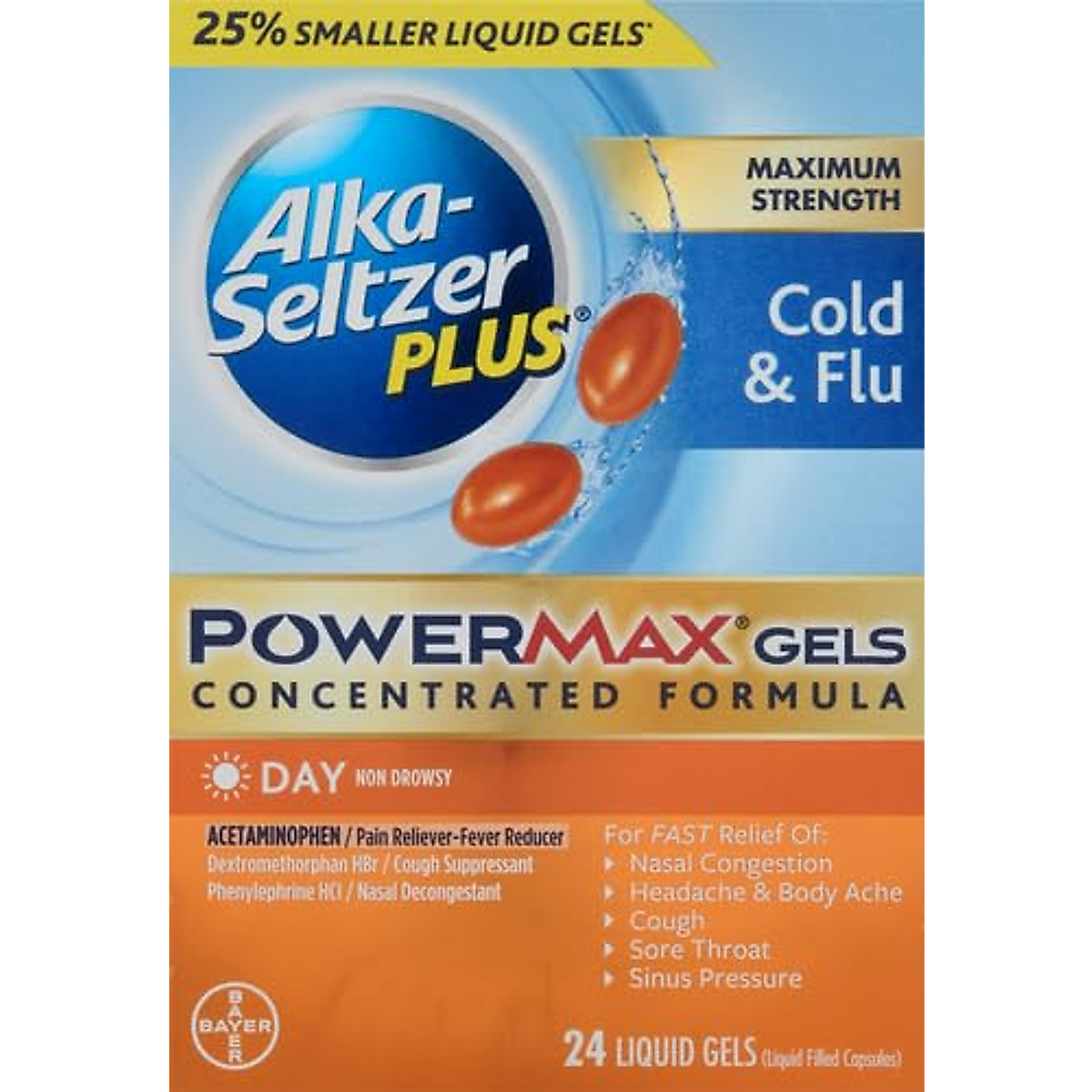 Alka-seltzer Plus Cold & Flu, Power Max Cold and Flu Medicine, Day, For Adults with Pain Reliver/Fever Reducer, Cough Suppressant, Nasal Decongestant, 24 count