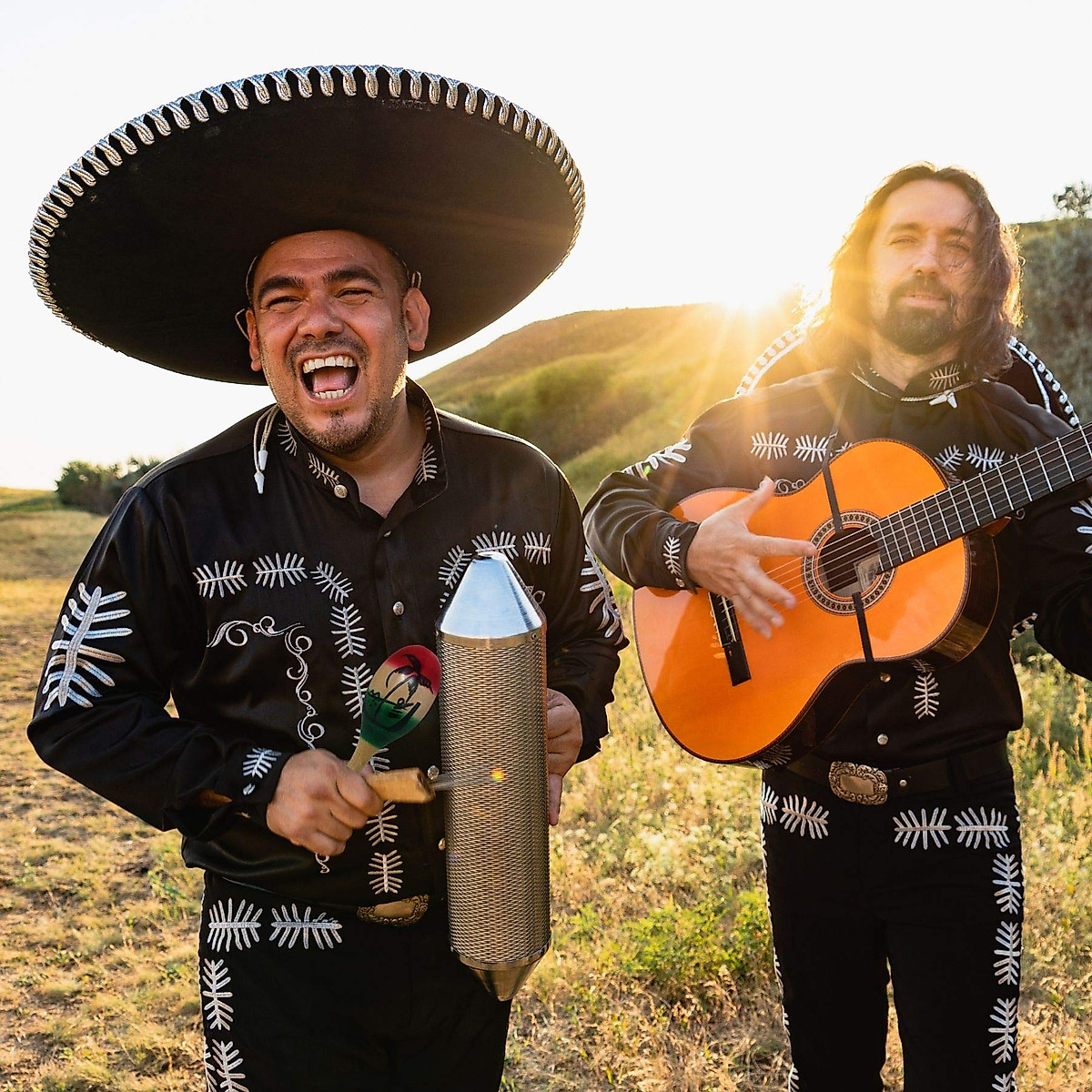 Needzo Maracas Musical Instrument, Small Wooden Tri-Colored with Palm Tree Silhouette, Latin Percussion, for Adults, Set of 2, 7 3/4 Inches