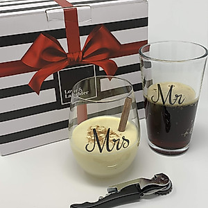 Mr Mrs Beer and Wine Glass Set and Bottle Opener, Funny Beer and Wine Glass set of 2, Funny Gift for Couples, Engagement Gift Idea for Couples, Wedding Gift, Anniversary Beer Wine Glasses for Couples