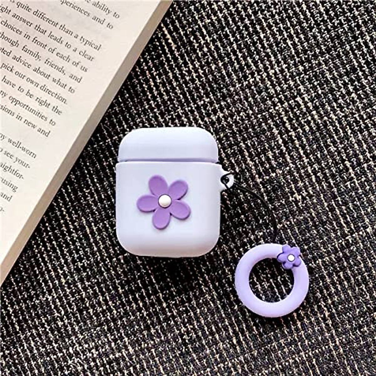 Ownest Compatible for AirPods Case Cute Cartoon Flower Pattern Girls Woman Soft Silicone Shockproof Keychain Design Cover for Airpods 1 &2-Purple