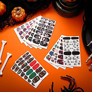 Maitys 168 Pieces Halloween Skull Full Wrap Nail Stickers DIY Gothic Nail Polish Strips Stickers Self Adhesive Full Wraps with Nail File for Halloween Party Decor(Skeleton Style)