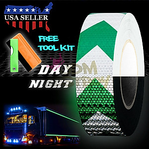 Free Tool Kit Arrow Green/White 2" Inch x120 Foot Reflective Safety Tape Warning Caution Adhesive Conspicuity Marking Decal Sticker Roll Truck RV Trailer Boat ATV Construction