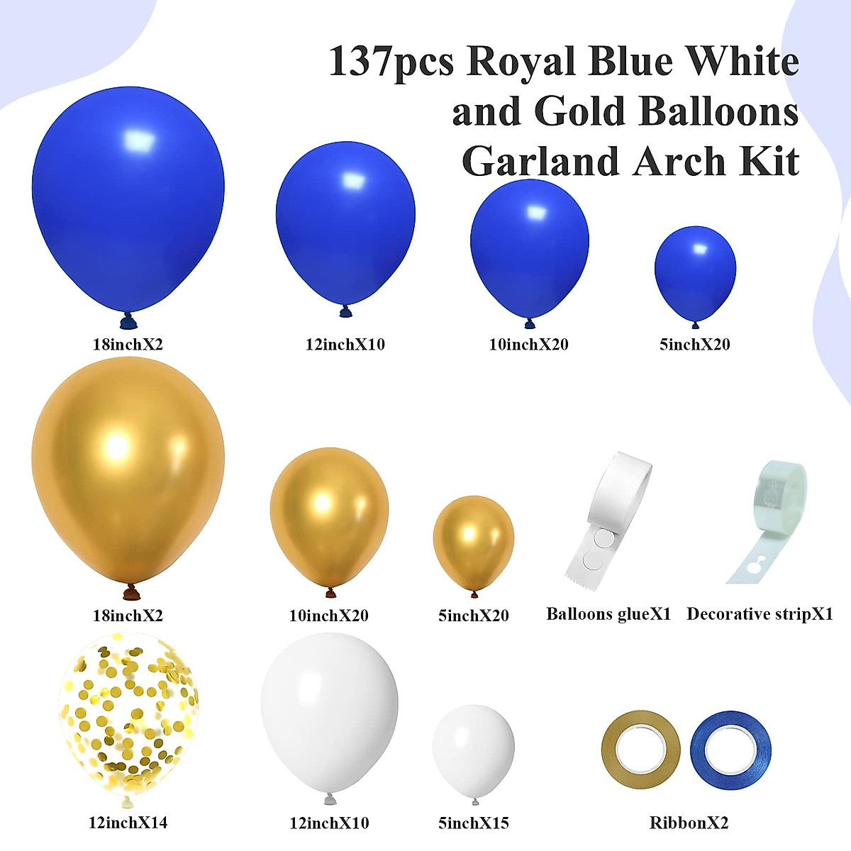 Royal Blue and Gold Balloons Arch Garland Kit, 18 12 10 5 inch Navy Blue Metallic Gold White for Graduation Decorations Class of 2024 Birthday Wedding Party Decorations