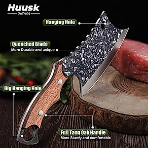Huusk Japan Knife Hand Forged Meat Cleaver for Meat Cutting Bundle with Knife with Sheath for Kitchen, Camping Thanksgiving