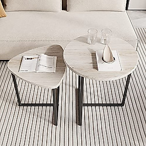 HOJINLINERO Round Coffee Table Set of 2 End Tables for Living Room,Black Small Coffee Table Living Room Table,Metal Frame with Wood Look,Sturdy and Easy Assembly,Stacking Side Tables Bedroom,White