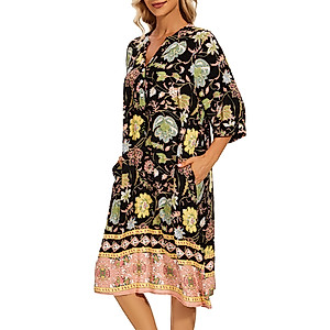 AVIIER House Dress Womens 3/4 Sleeve Floral Print Nightdress with Pockets (Black Flower, Large)