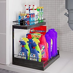 ZJSYMZY Under Sink Organizer,2 Tier Sliding Under Cabinet Storage,Heavy Load Carbon Steel Under Sink Storage for Kitchen Bathroom