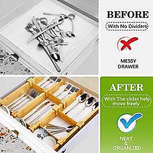 SALMOPH Adjustable Drawer Organizer Kitchen Utensils, Bamboo Drawer Dividers with Inserts and sliders, Spring-loaded Organizer for Large Utensil, Clothes, Bathroom, Dresser and Office 4Pack