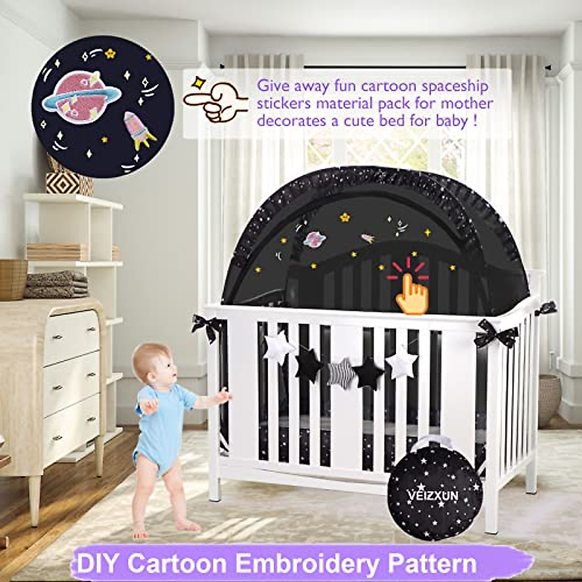 Safety Star Crib Net to Keep Baby in Cute Crib Tent Blackout Protect Baby Vision Pack n Play Tent Pop Up Portable Baby Tent for Travel
