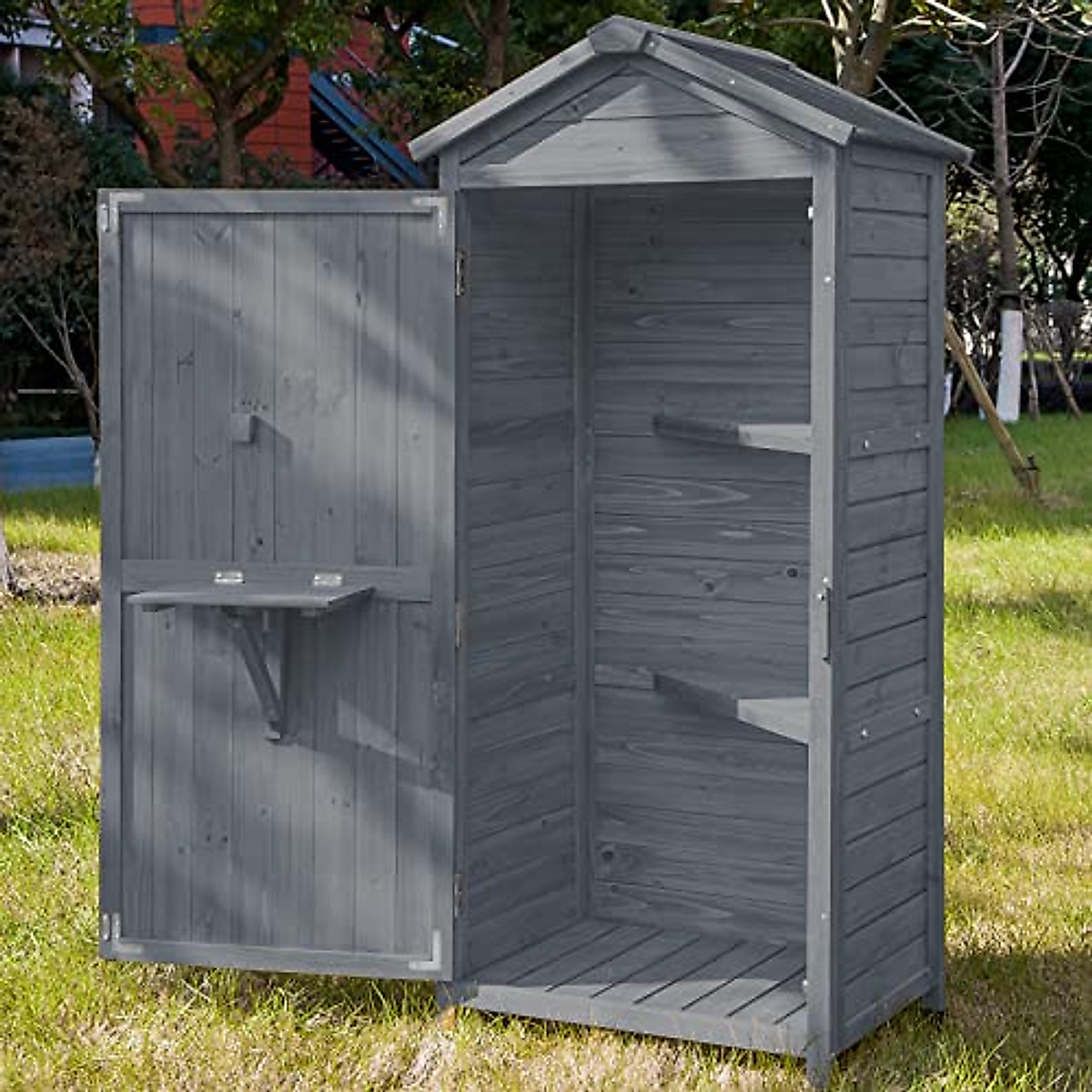 Outdoor Wooden Storage Cabinet Waterproof, Garden Tool Shed with Shelves & Folding Workstation, Outside Vertical Shed with Adjustable Pegs, Fir Wood, Lockable Arrow, Gray