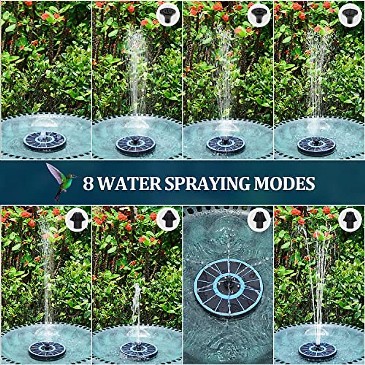 GAIZERL Solar Fountain 2023 New, 3.5W Solar Bird Bath Fountains with Glass Panel, 2000 Battery, Hummingbird Water Features with Color LED Lights, 8 Spray Modes & 4 Fixed Pipes for Garden, Pool, Pond