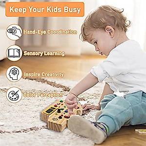 Bestbase Wooden Toddler Toys Montessori Busy Board, Sensory Toys with Light up LED Sounds Buttons Wooden Car Toys, Education Toys Montessori Toys for 1+ Year Old Boy/Girl Baby Gifts Kids Toys