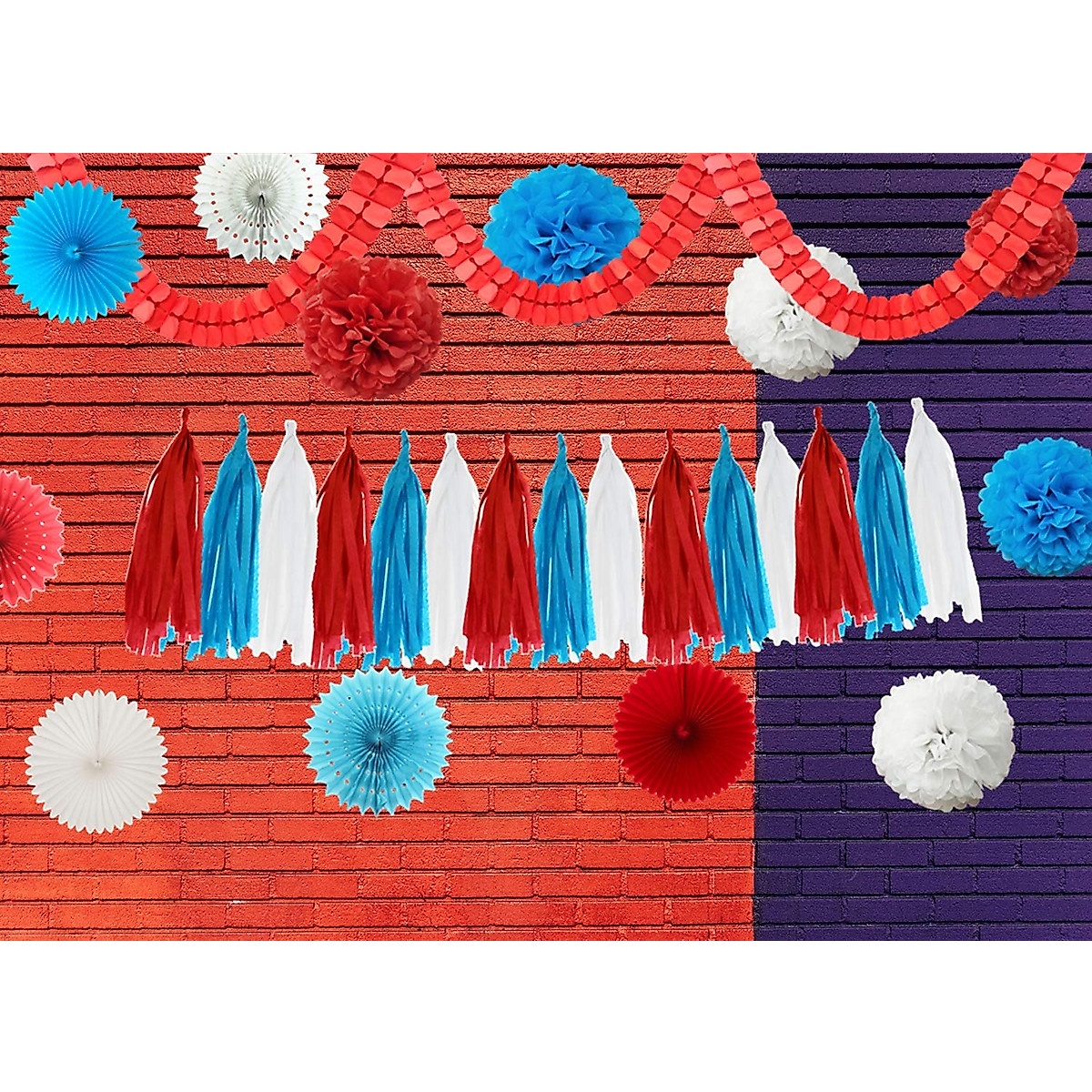 Dr Seuss Cat in The Hat 28PCS Red Blue White Carnival Birthday Bridal Baby Shower Wedding Bachelorette Decoration Kit - 12" 10" Tissue Pom Pom, 16" 12" 8" Paper Fan, Paper Tassel, Clover Garland