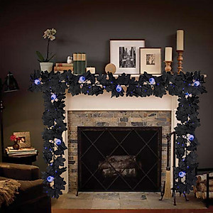 Orindnely Black Maple Garland Halloween Decor Purple Lights Artificial Maple Wreaths for Party Wall Fireplace Outdoor Indoor Yard Parties Haunted House Decoration